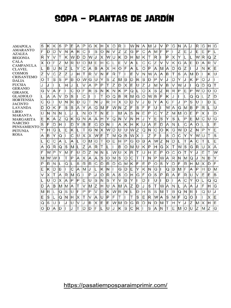 Sopa de Letras: Plantas de Jardín | PDF