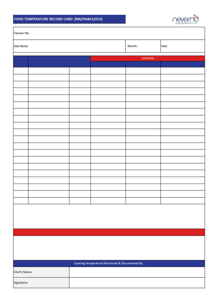 Cooking Temperature Record Card | PDF