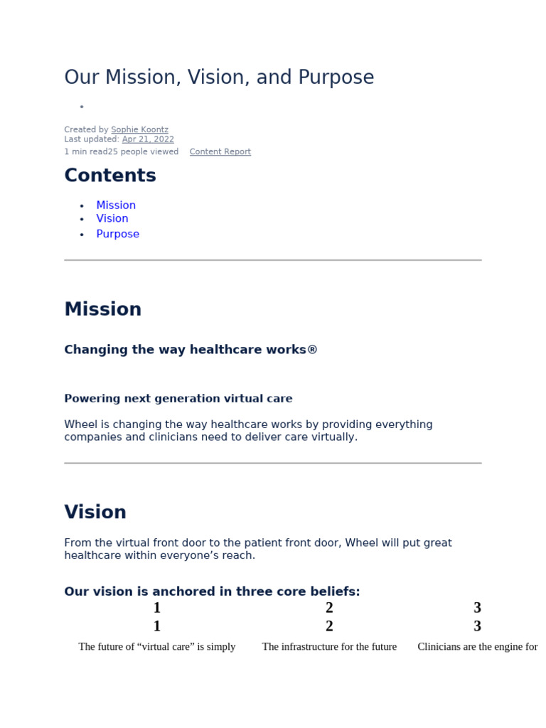 Mission - Vision - Core Values | PDF | Health Care