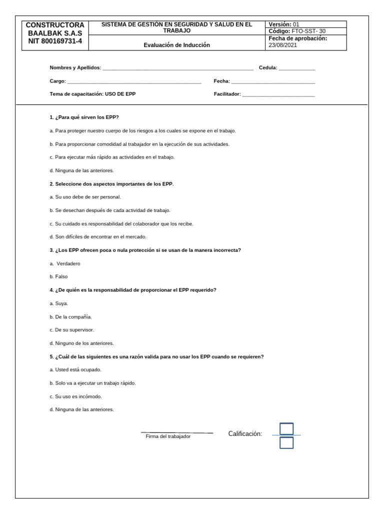 Evaluacion Uso de Epp | PDF