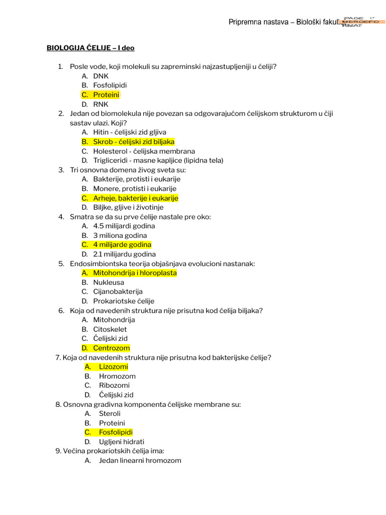 Test Biologija celije | PDF