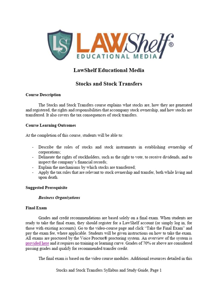 Lawshelf Educational Media Stocks and Stock Transfers: Course ...