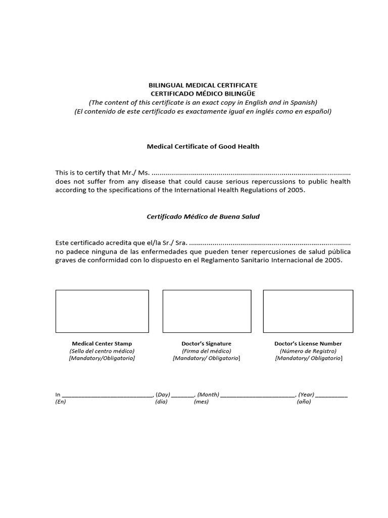 Bilingual Medical Certificate 2024 | PDF