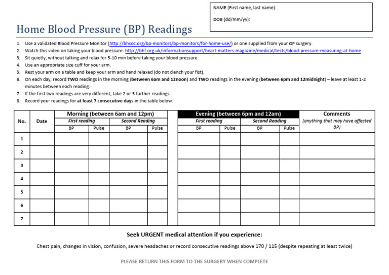 Home Blood Pressure Readings Diary | PDF