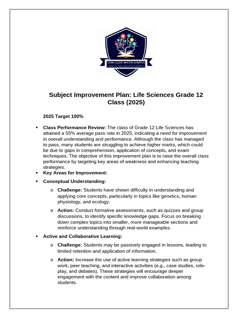 Life Sciences Improvement Plan 2025 | PDF | Learning | Pedagogy