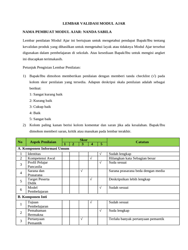 Lembar Validasi Modul Ajar Nanda | PDF