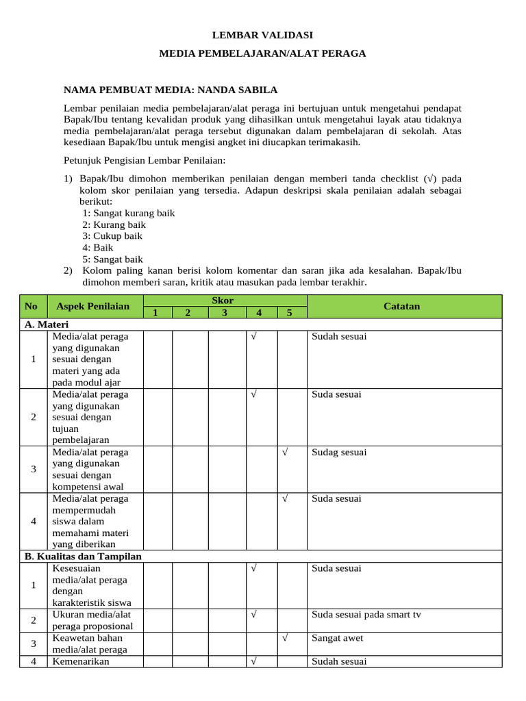 Lembar Validasi Media Nanda | PDF