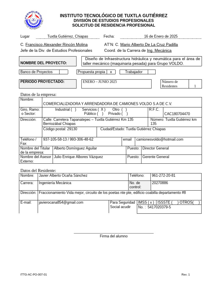 Ittg-Ac-Po-007-01 Solicitud de Residencia R1 | PDF | Ingeniería