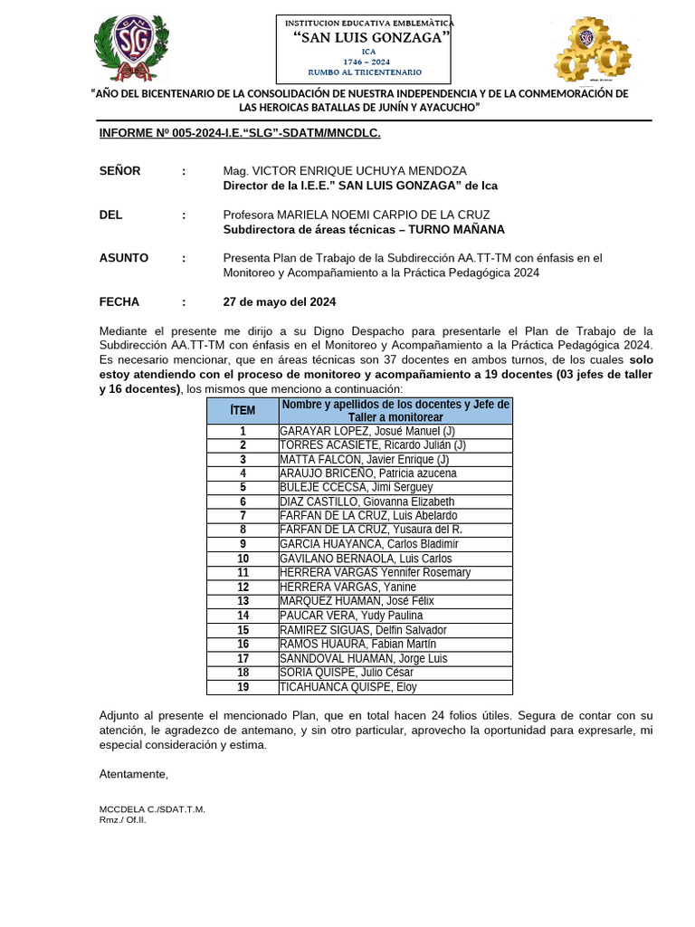 Informe 005 - Jornada Laboral TM - PLAN DE MONITOREO 2024 | PDF