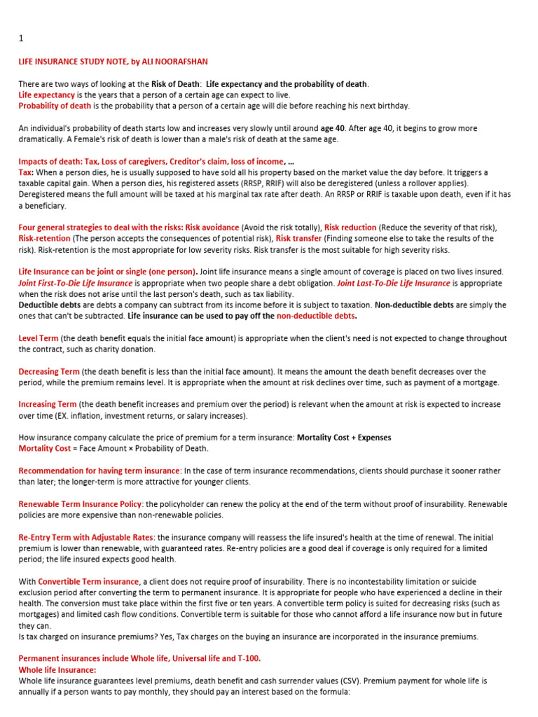 Life Insurance Study Notes | PDF | Insurance | Life Insurance