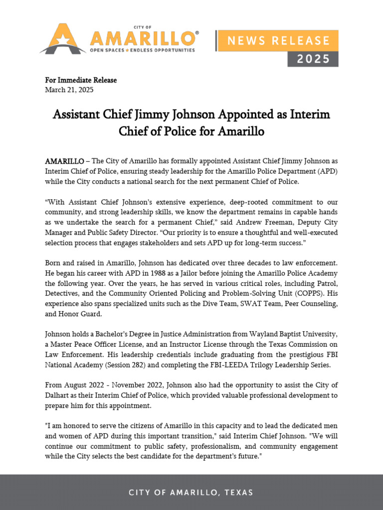 Jimmy Johnson Named Interim Police Chief | PDF | Police | Crime & Violence