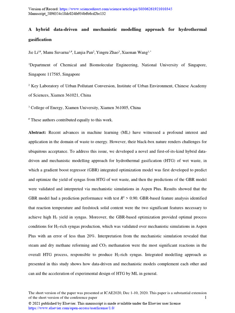 A Hybrid Data-Driven and Mechanistic Modelling Approach For Hydrothermal Gasification | PDF ...