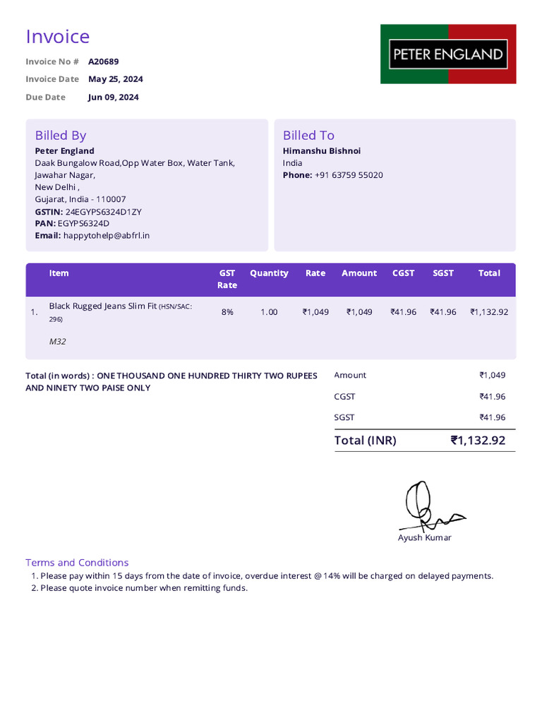 Invoice A20689 Peter England Himanshu Bishnoi | PDF