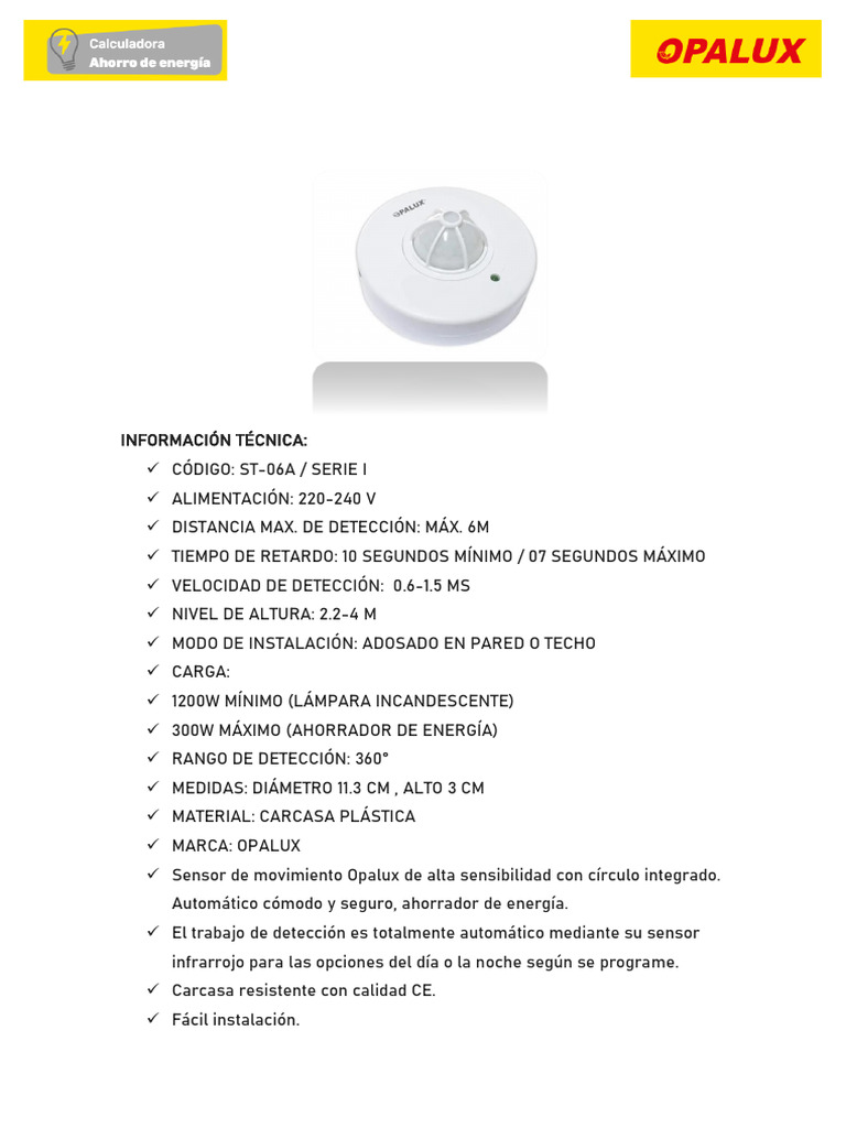 Sensor de Movimiento St-06a Opalux | PDF
