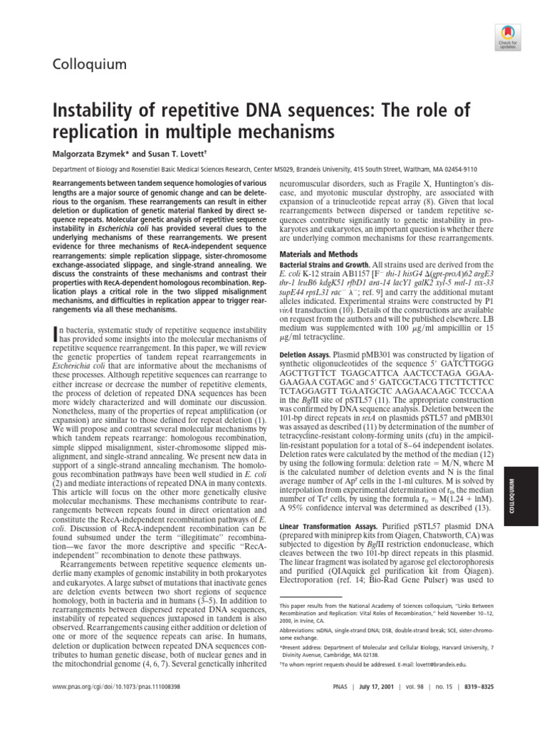 Bzymek and Lovett - 2001 - Instability of Repetitive DNA Sequences The ...