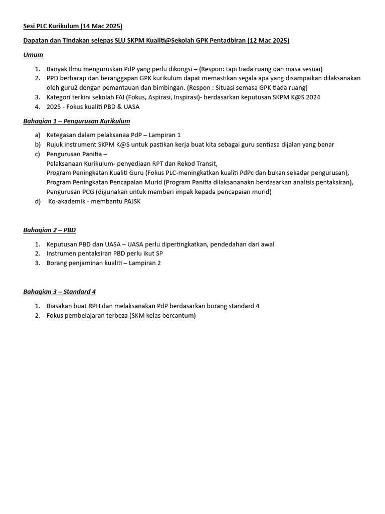 PLC_Kurikulum_14_Mac_2025_Dapatan_dan_Tindakan_selepas_SLU_SKPM | PDF