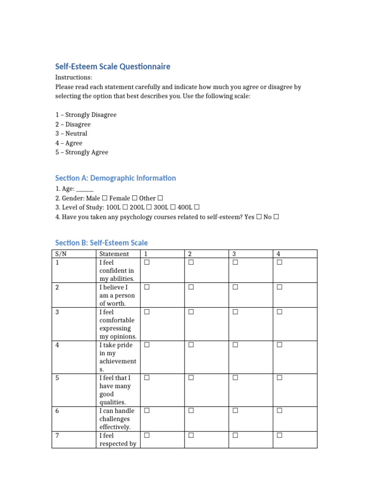 Self Esteem Scale Questionnaire | PDF | Self Esteem | Popular Psychology