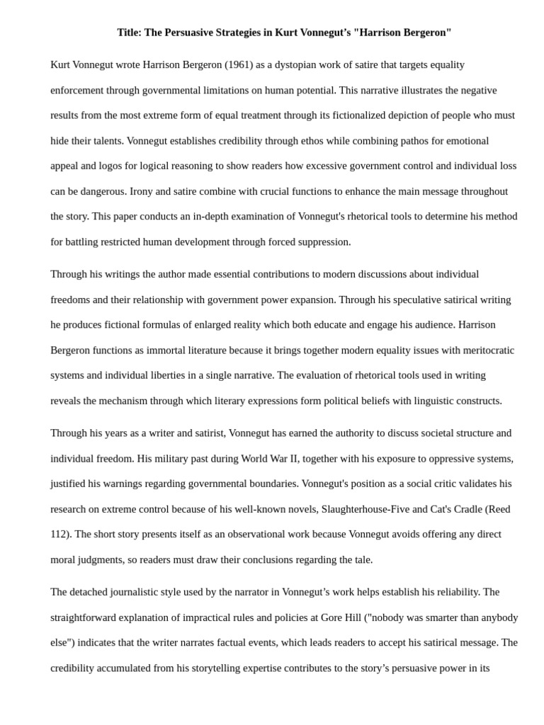 Analyzing Rhetorical Strategies in Vonnegut's "Harrison Bergeron" | PDF ...