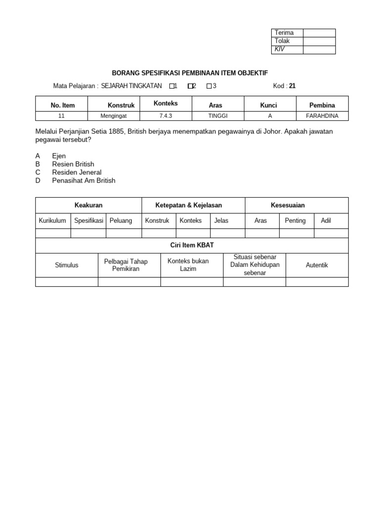 A Borang Spesifikasi Pembinaan Item | PDF