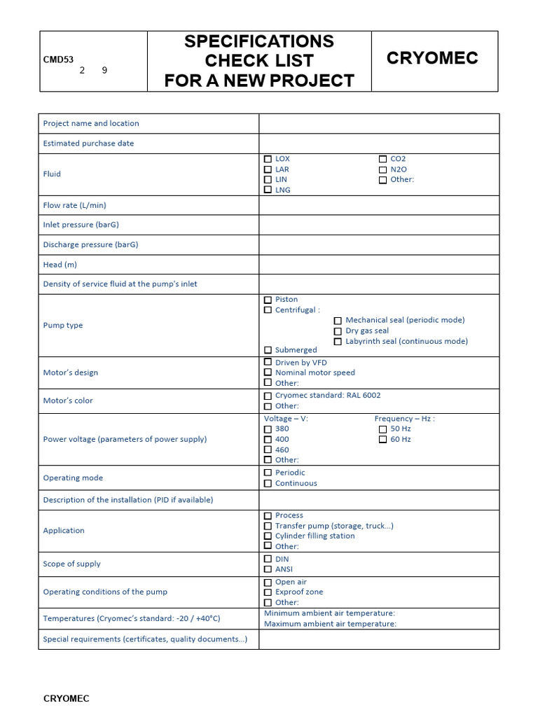 New Project Pump Specifications Checklist | PDF | Pump | Mechanical ...