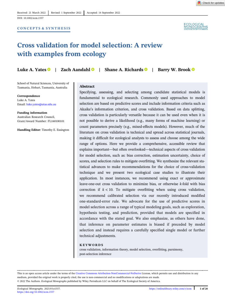Ecological Monographs - 2022 - Yates - Cross Validation For Model ...