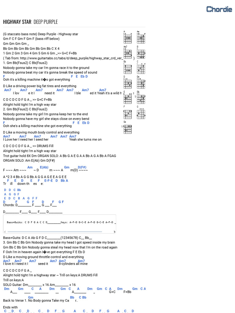 Highway Star Deep Purple Chords and Lyrics For Guitar | PDF | Rock ...