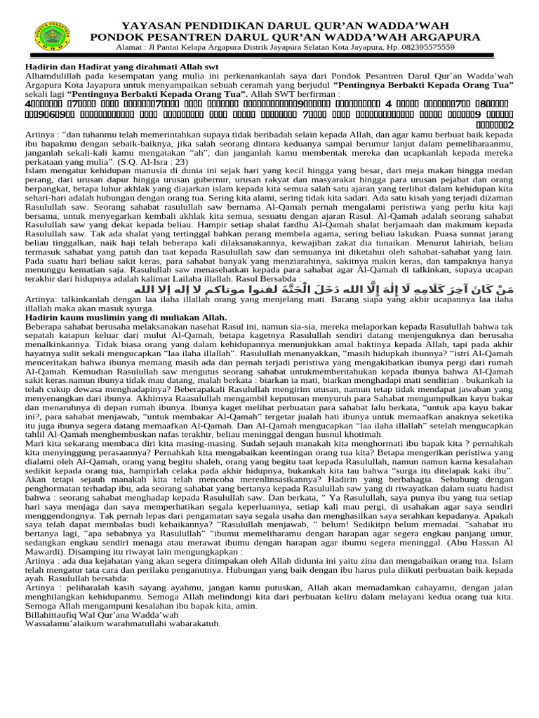 Ceramah Pentingnya Berbakti Kepada Orang Tua | PDF