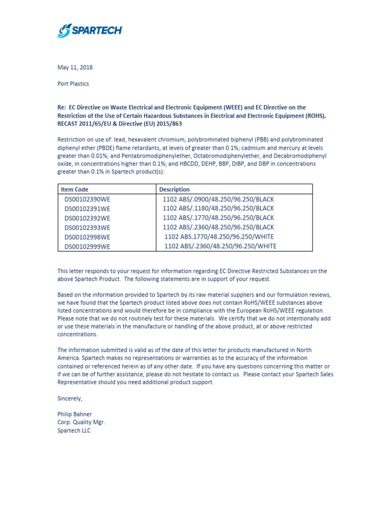 SPARTECH RoHs Compliance Letter - ABS | PDF | Pollution | Environmental ...