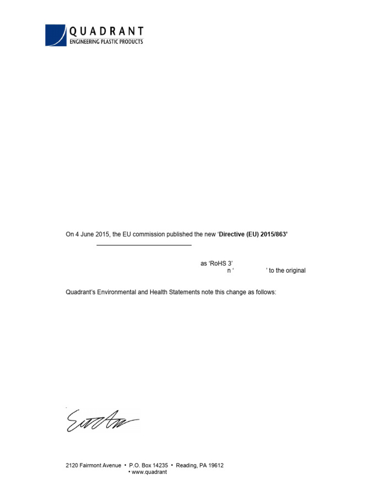 ROHS3 EU Directive 2015-853 Explanation Letter From QUADRANT | PDF