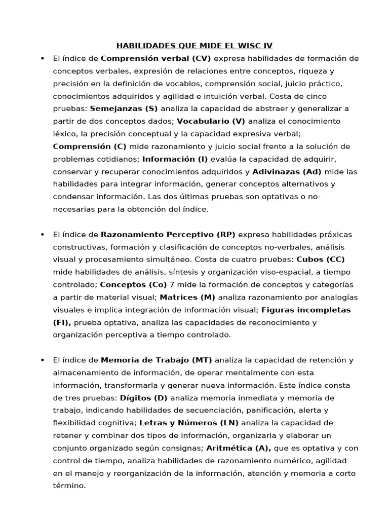 INDICES DEL WISC IV | PDF | Información | Memoria