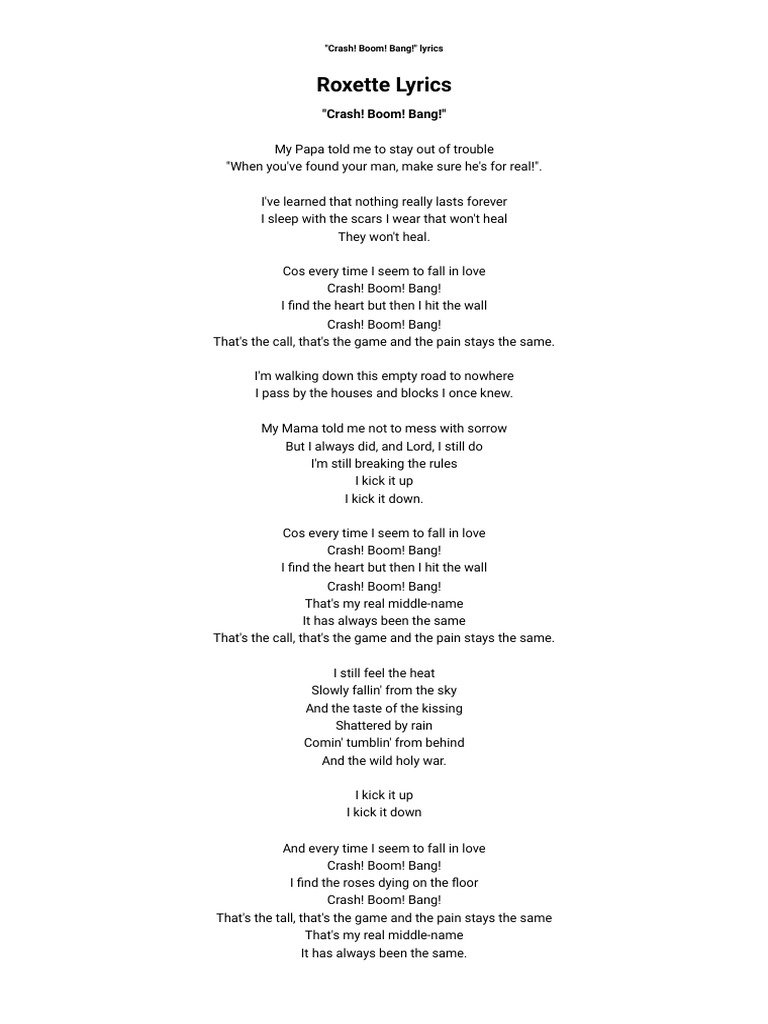 Roxette "Crash! Boom! Bang!" Lyrics | PDF