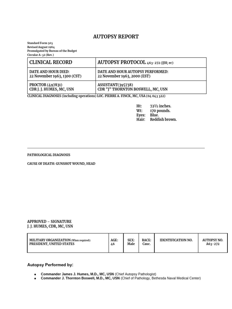 JFK Autopsy Report-Agbalog M. | PDF | Thorax | Abdomen