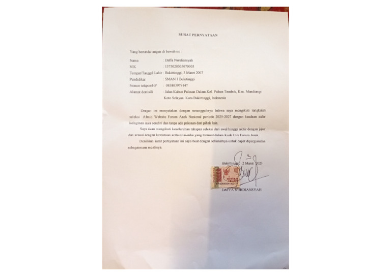 Daffa Nurdiansyah - Surat Pernyataan | PDF