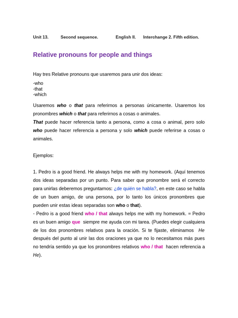 Unit 13 Relative Pronouns For People and Things Grammar Explanation | PDF