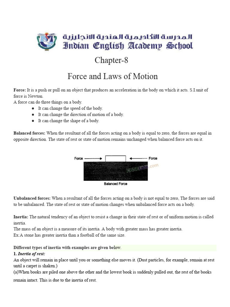 Force and Laws of Motion-Notes | PDF | Force | Newton's Laws Of Motion