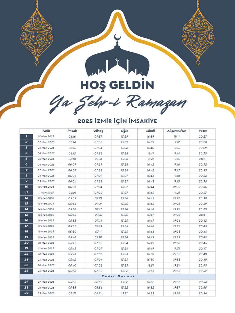 Koyu Mavi Ve Beyaz Tipografik İzmir Ramazan İmsakiye A4 Belge | PDF