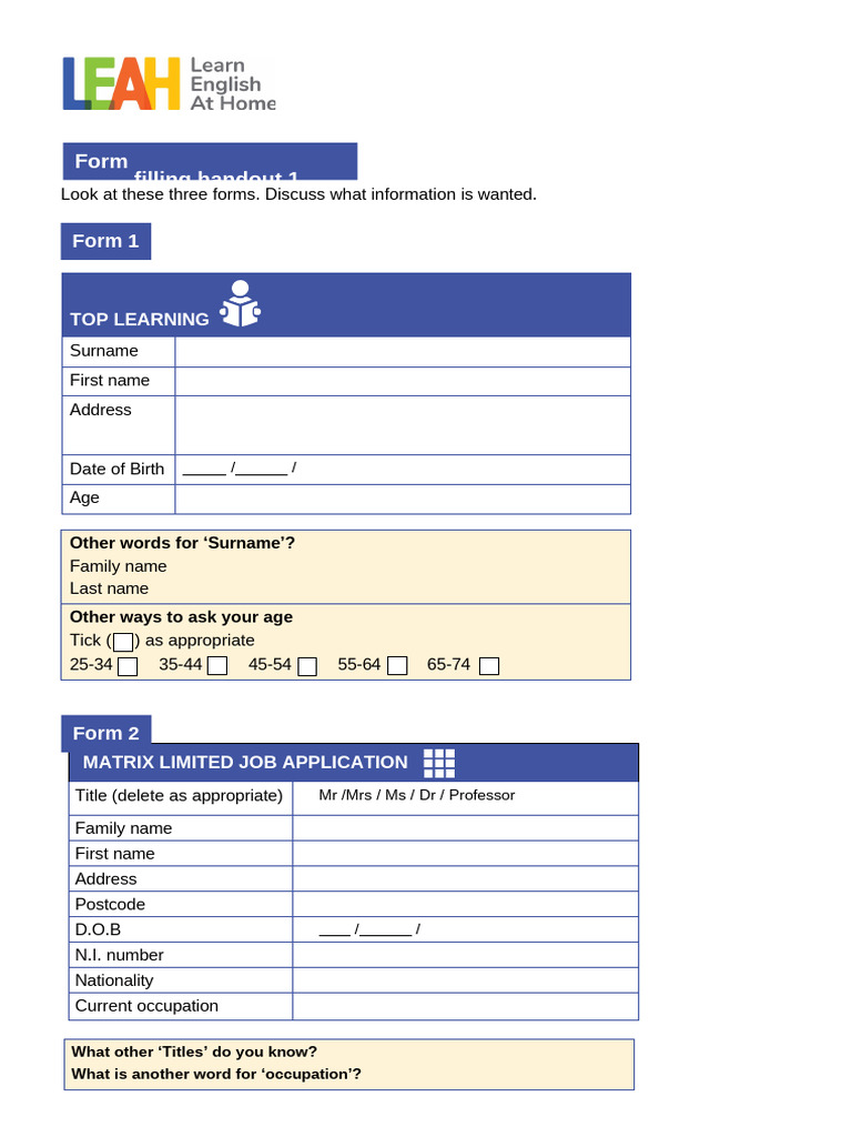 LEAH Form Filling Handout 1 | PDF