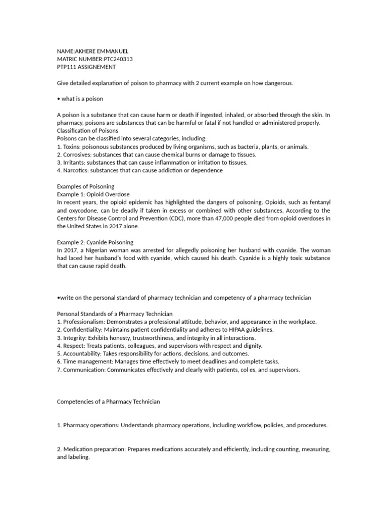 Akhere Emmanuel Ptp 111 Assignement Assignement | PDF | Pharmacy | Poison