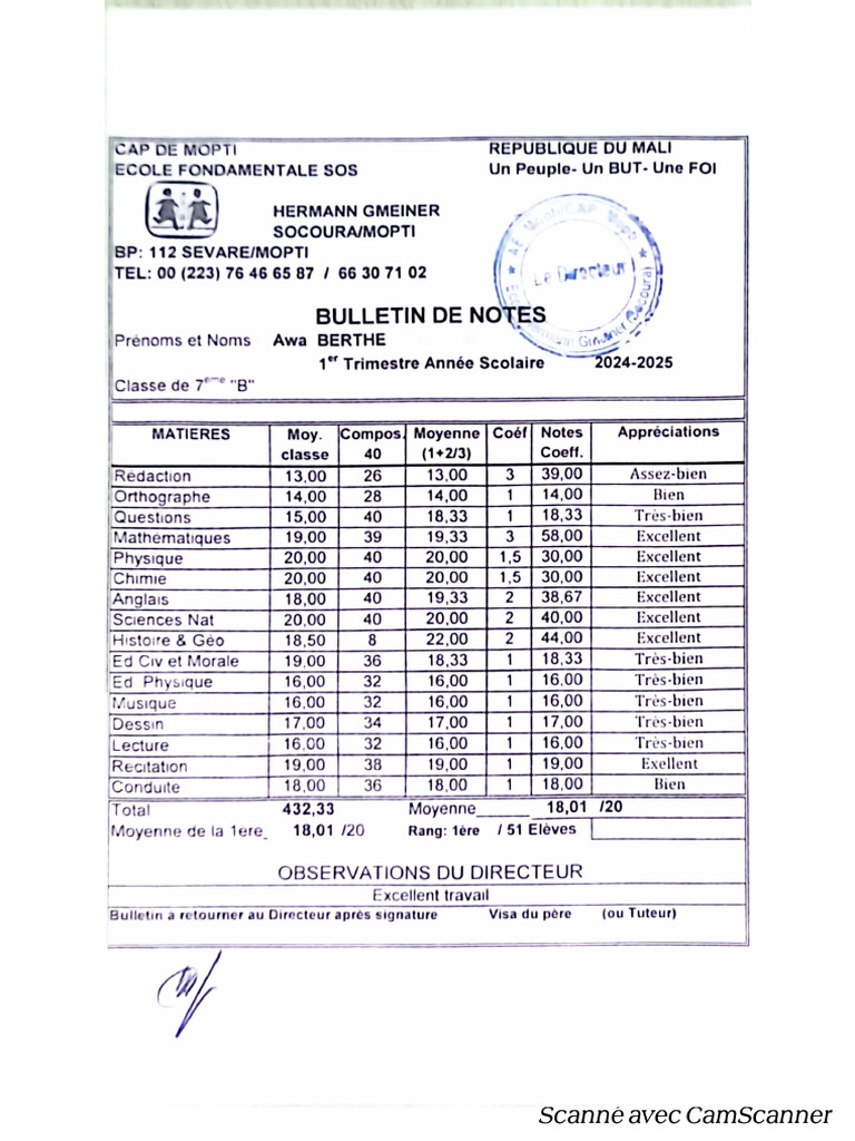 Bulletin Tri 1 Aoua Berthé | PDF