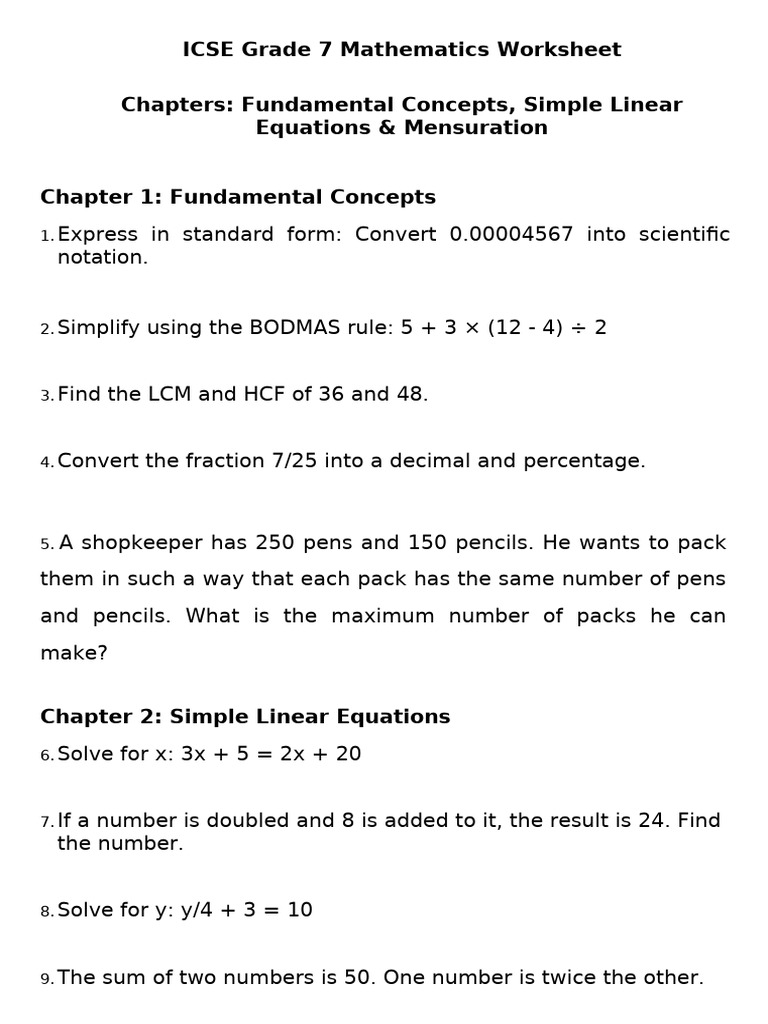 Grade 7 ICSE Maths Worksheet | PDF