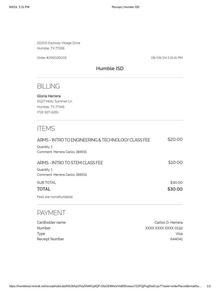Humble ISD Class Fee Receipt | PDF