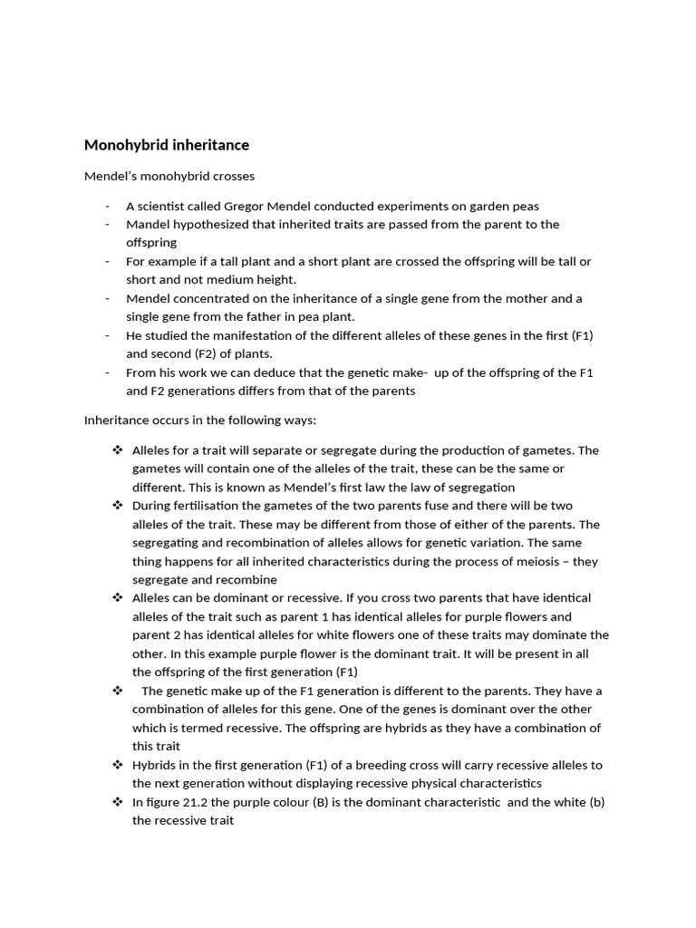 Monohybrid Inheritance Explained | PDF | Dominance (Genetics) | Genotype