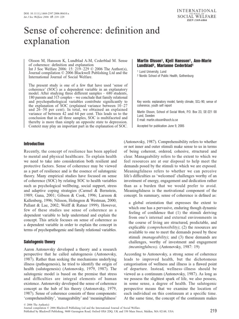 Int J Soc Welfare - 2006 - Olsson - Sense of Coherence Definition and Explanation | PDF ...