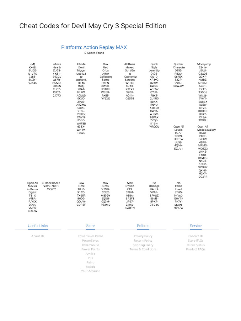 Cheat Codes For Devil May Cry 3 Special Edition On Action Replay MAX - Codejunkies | PDF ...