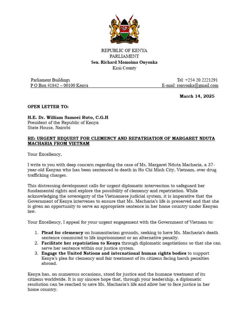 SENATOR LETTER H.E. Dr. William Samoei Ruto, C.G | PDF | Vietnam | Kenya