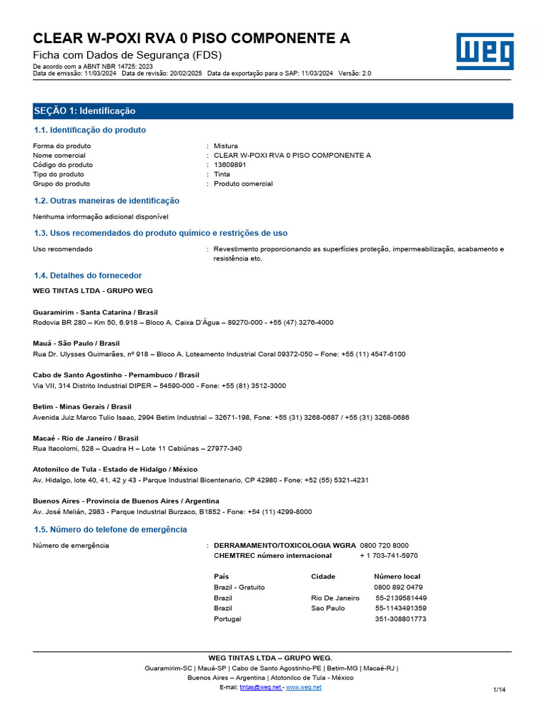 Weg - Clear W-Poxi RVA 0 Piso - Componente A | PDF | Queimadura | Incêndios