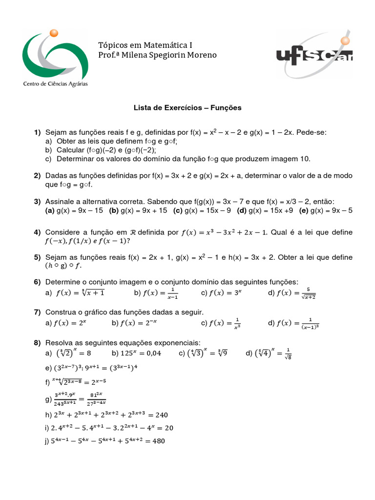Lista de Exercícios sobre Funções Matemáticas | PDF | Função ...