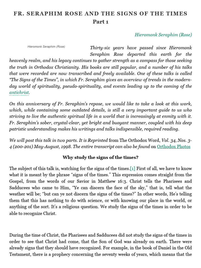 Fr. Seraphim Rose and the Signs of the Times _ OrthoChristian.Com | PDF ...