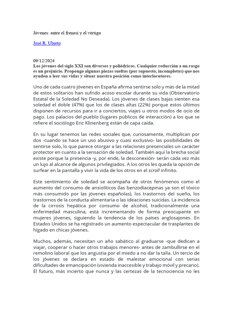 Jóvenes - Entre El Frenesí y El Vértigo | PDF | Soledad