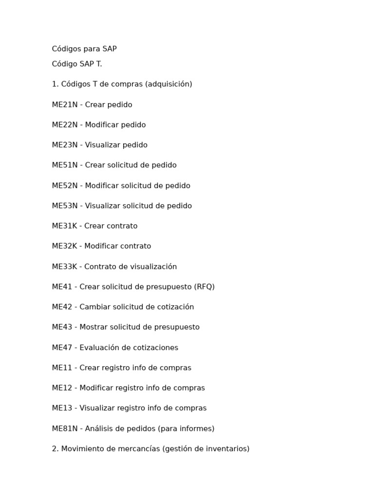Códigos para Compras SAP | PDF